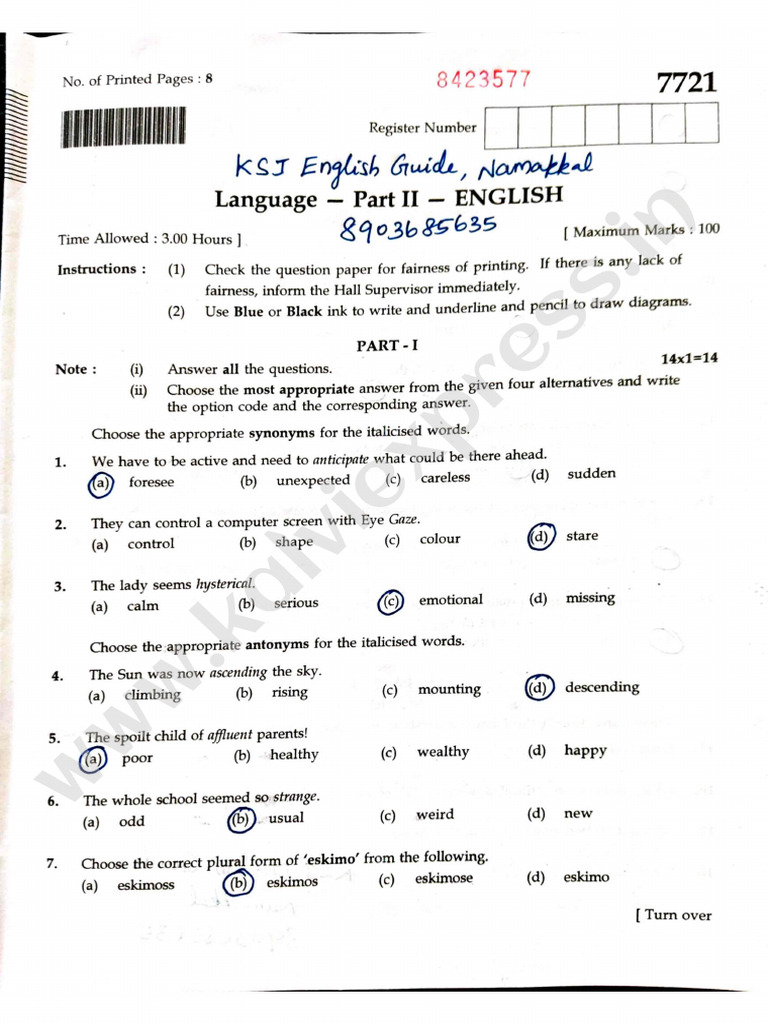 10 Eng Public Exam 2024 - KSJ Key | PDF