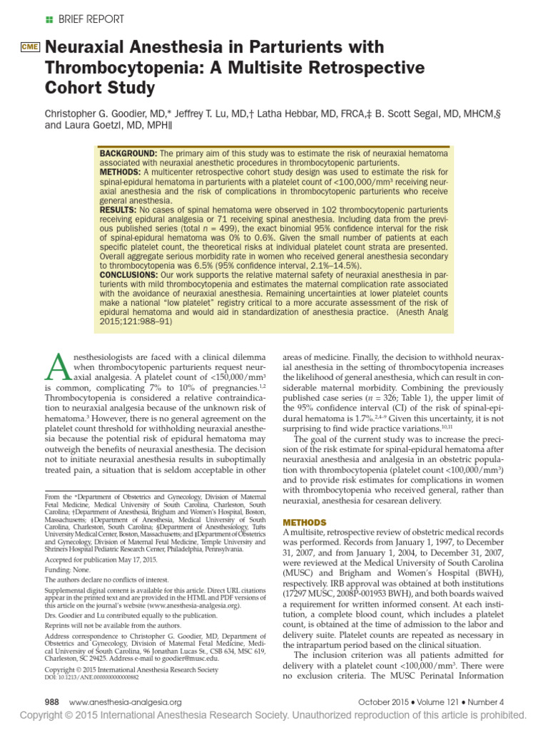 Neuraxial Anesthesia in Parturients With.21 | PDF | Anesthesia ...