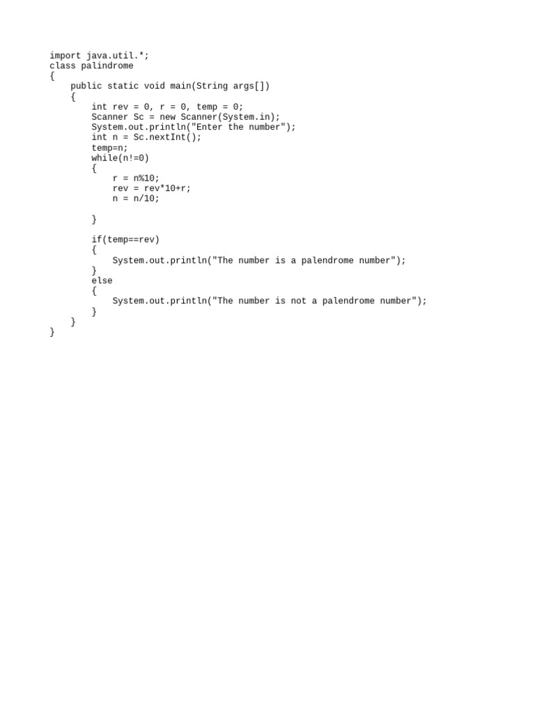Java Program to Check Palindrome Number | PDF | Computers