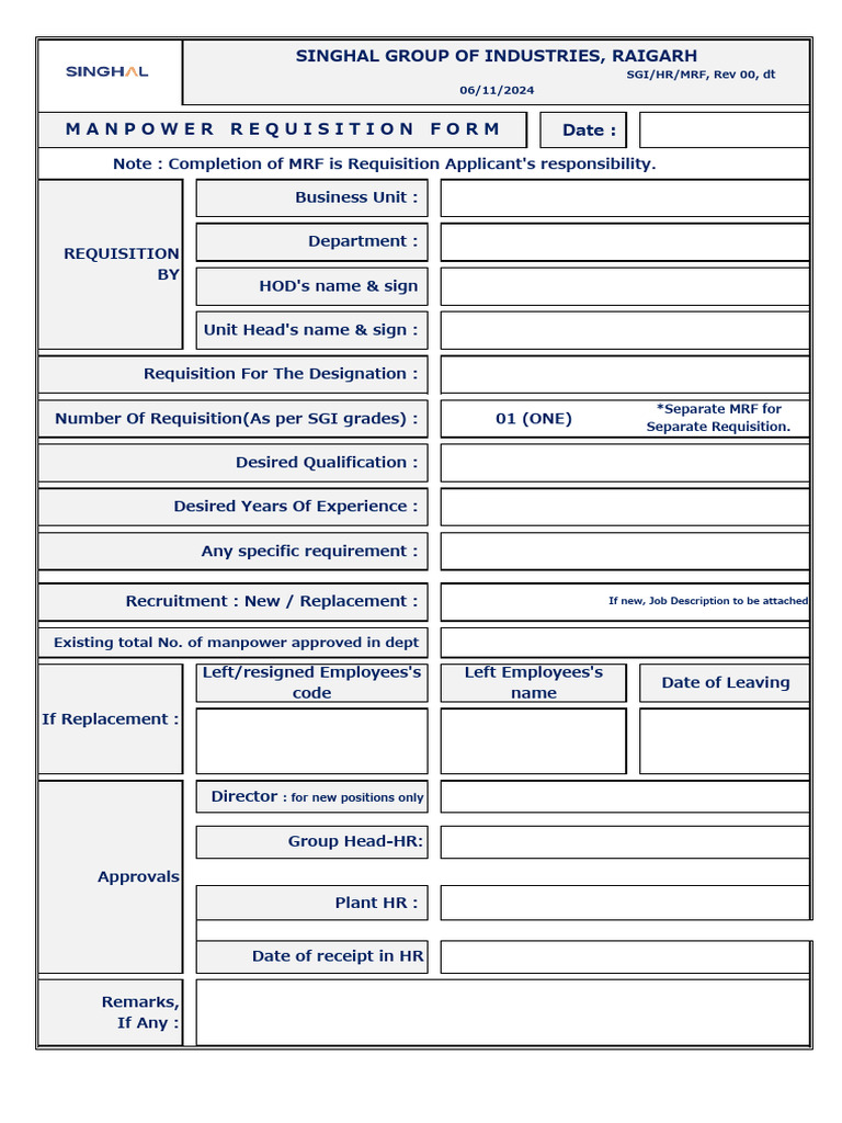 Manpower Requisition Form (MRF) | PDF