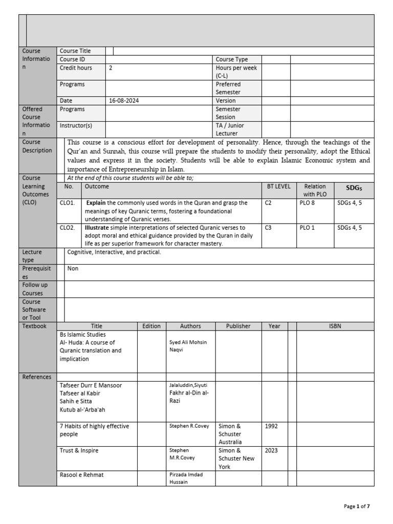 Course Outline islamic studies new 2023 SYED ALI MOHSIN NAQVI | PDF | Justice | Crime & Violence