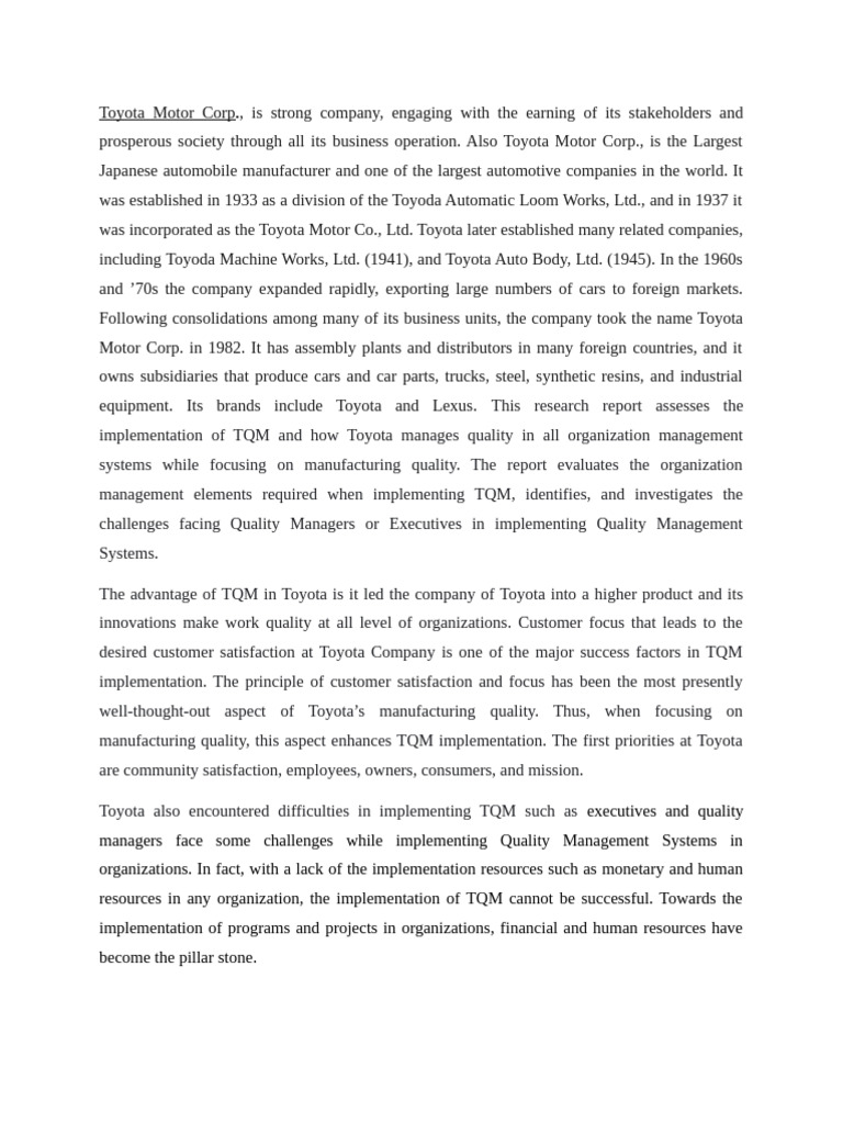 Reflection Paper Toyota TQM Implementation | PDF | Toyota | Economies