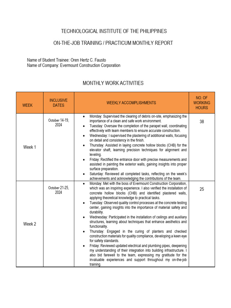 Monthly OJT Report: Construction Activities | PDF | Concrete