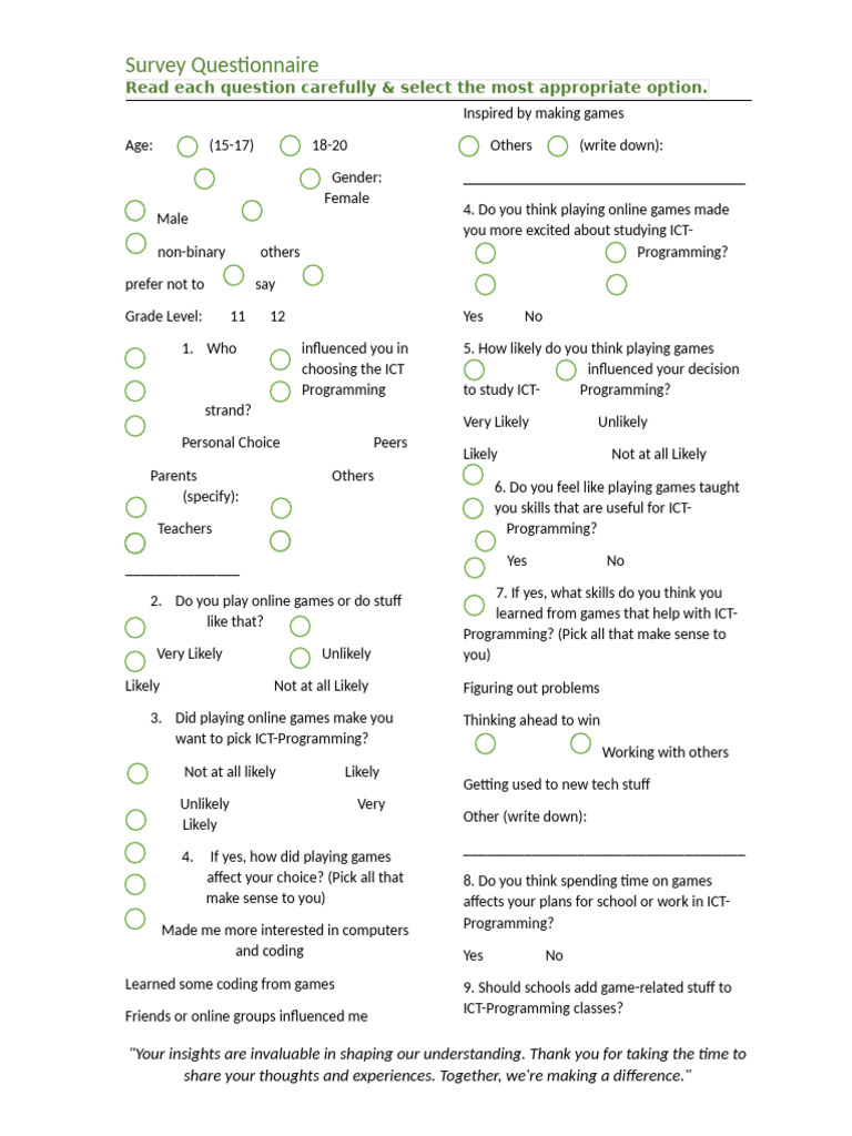 Survey Questionnaire ICT Programming Strand Selection | PDF | Educational Technology | Social ...