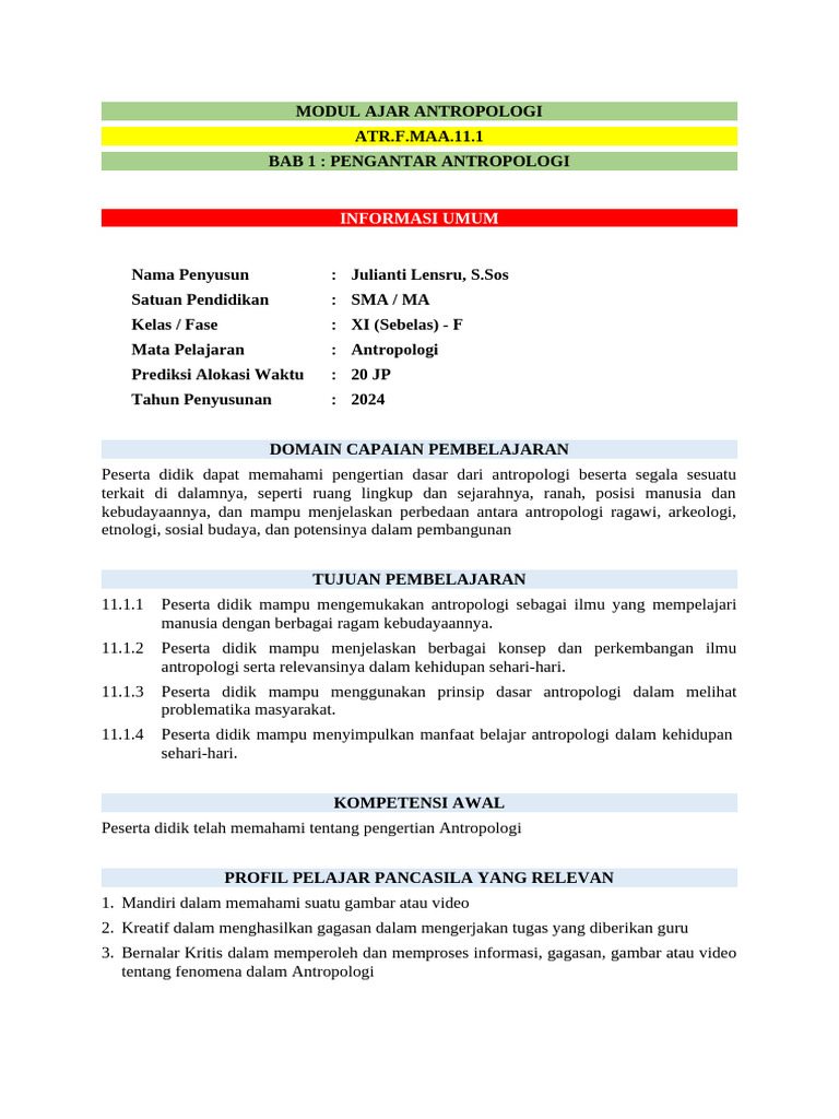 Modul Ajar Antropologi PKG | PDF