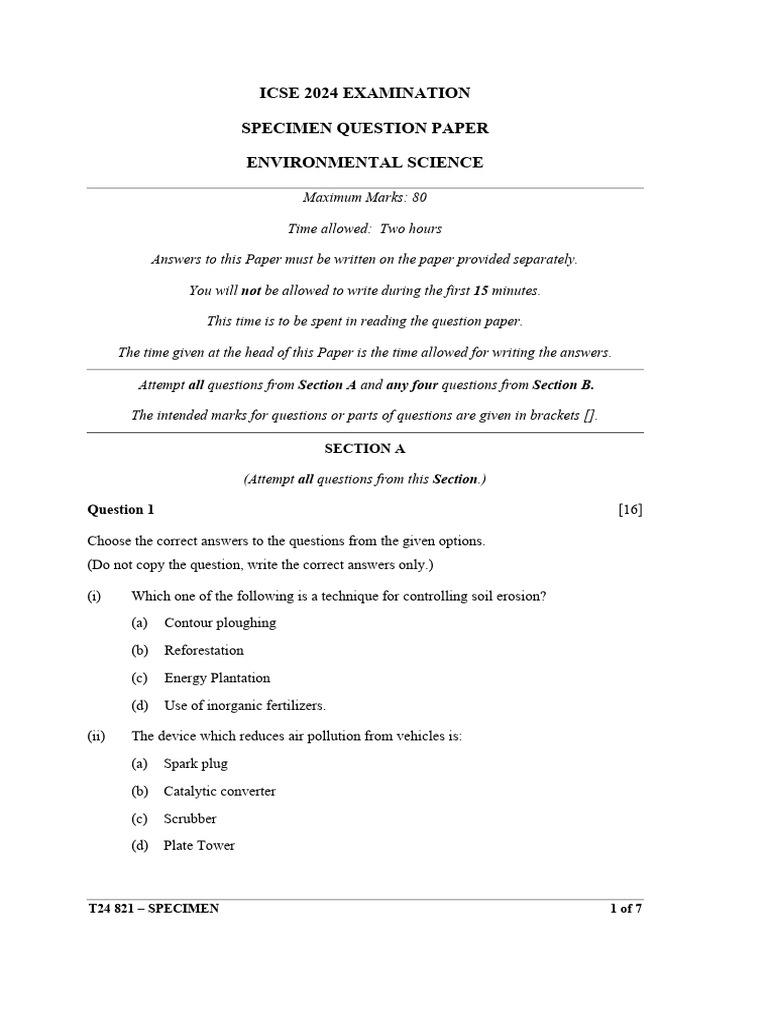 ICSE Environmental Science Question Paper 2024 | PDF | Soil | Manure