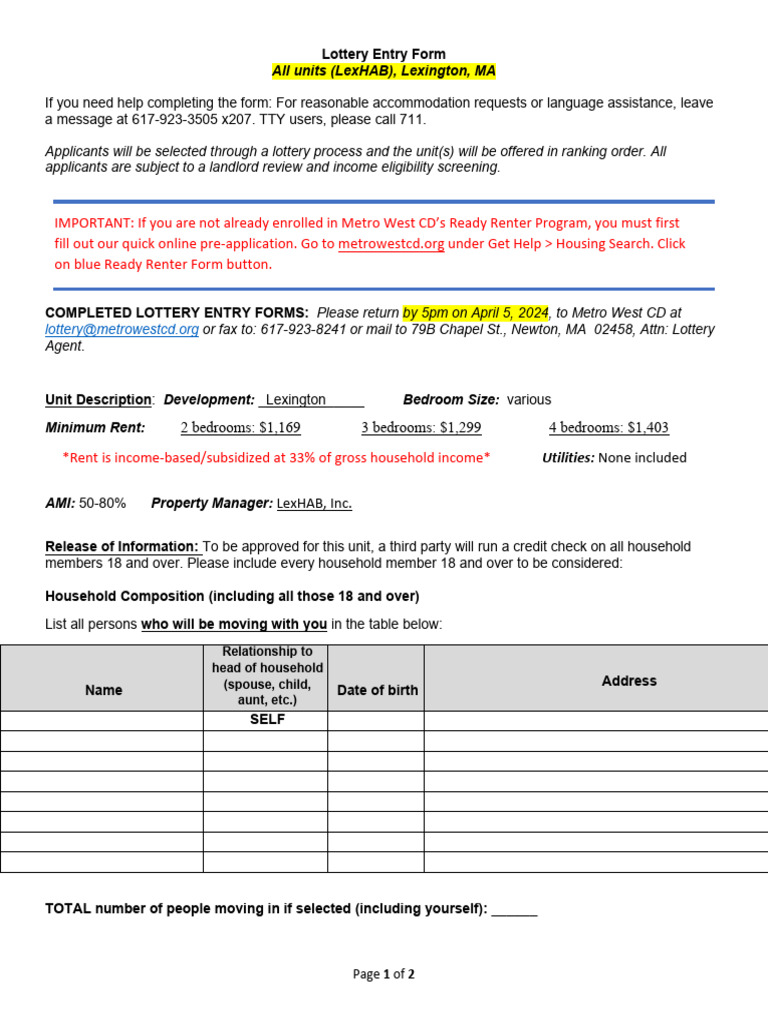 Fillable LexHAB Lottery Entry Form-March 2024 | PDF