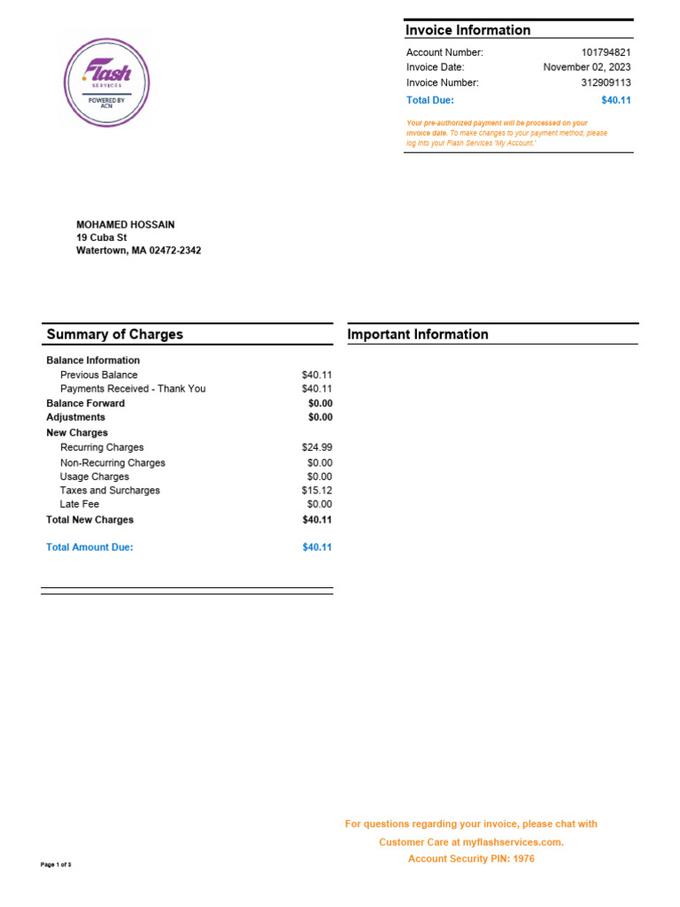 Invoice Information: Total Due: $40.11 | PDF | Fee | Service Industries