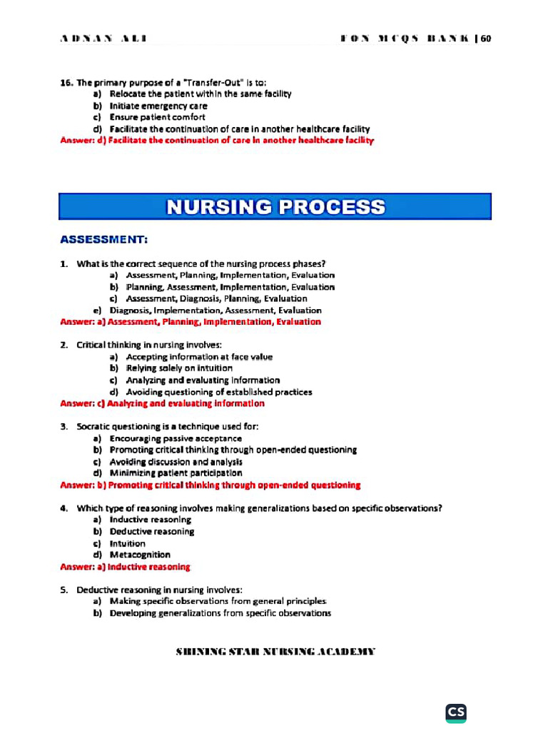 Nursing Process MCQS | PDF