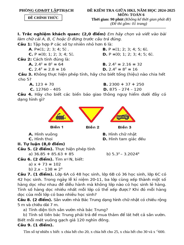 De Giua Hoc Ki 1 Toan 6 Nam 2024 2025 Phong GDDT Lap Thach Vinh Phuc | PDF