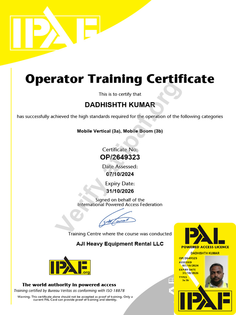 IPAF Operator Training Certificate | PDF