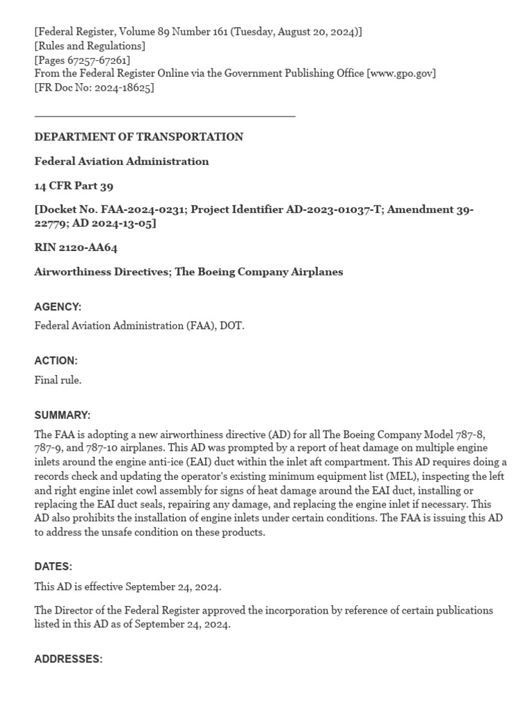 AD for Boeing 787 Engine Inlet Safety | PDF | Federal Aviation ...