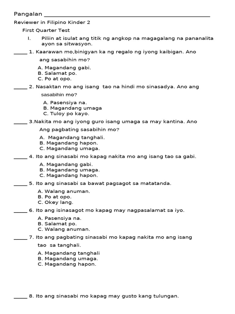 Reviewer in Filipino Kinder First Quarter | PDF