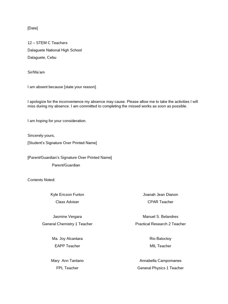 Sample Excuse Letter for School | PDF
