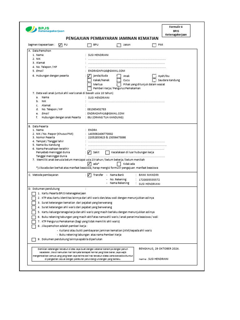 Formulir 4 BPJS Ketenagakerjaan | PDF