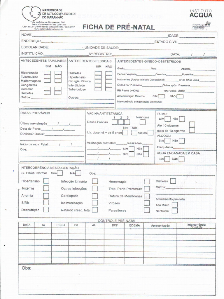 Ficha de Pré Natal Frente | PDF