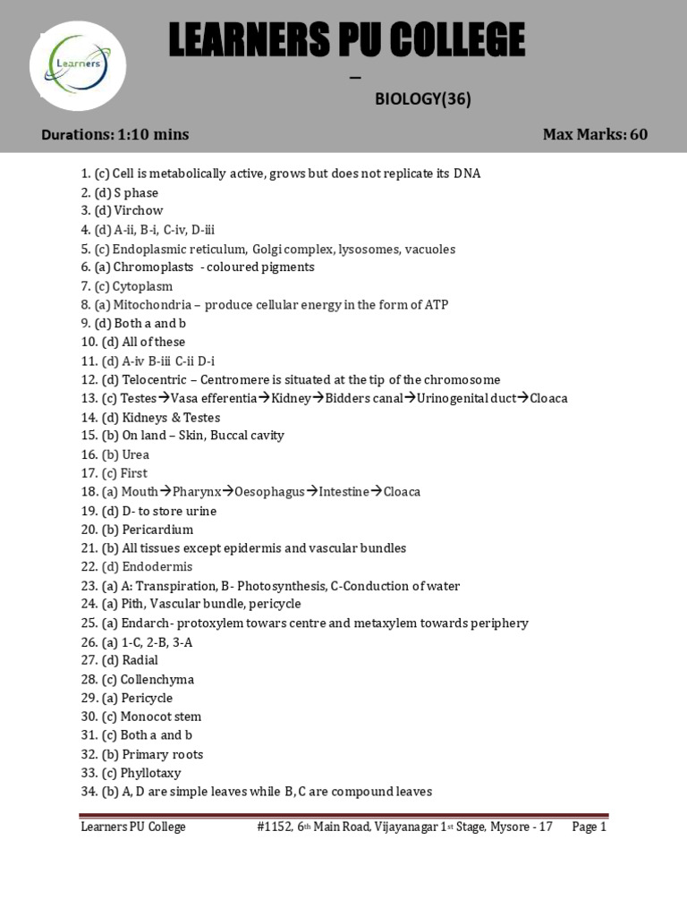 Key Answers I Puc KCET - 2 | PDF | Cell (Biology) | Histology