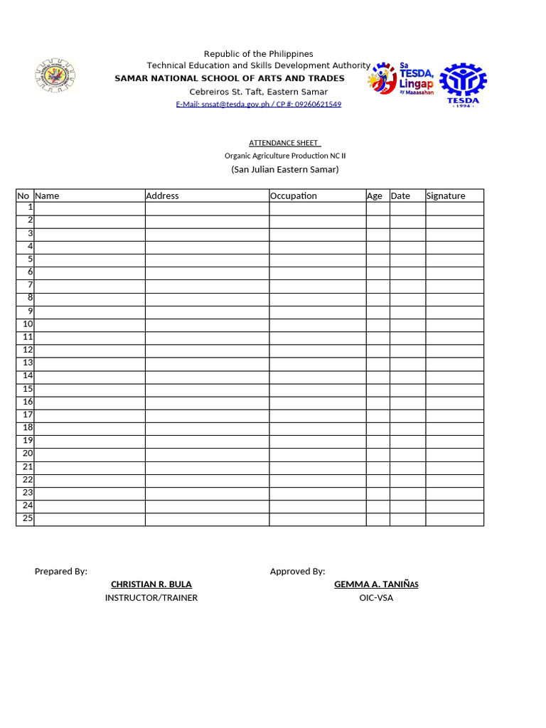 Attendance Sheet for Organic Agri NC II | PDF