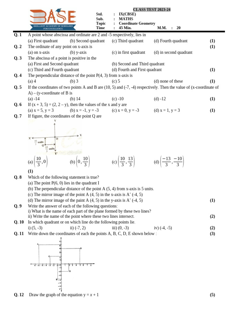 Coordinate Geometry Class Test IX | PDF | Cartesian Coordinate System ...
