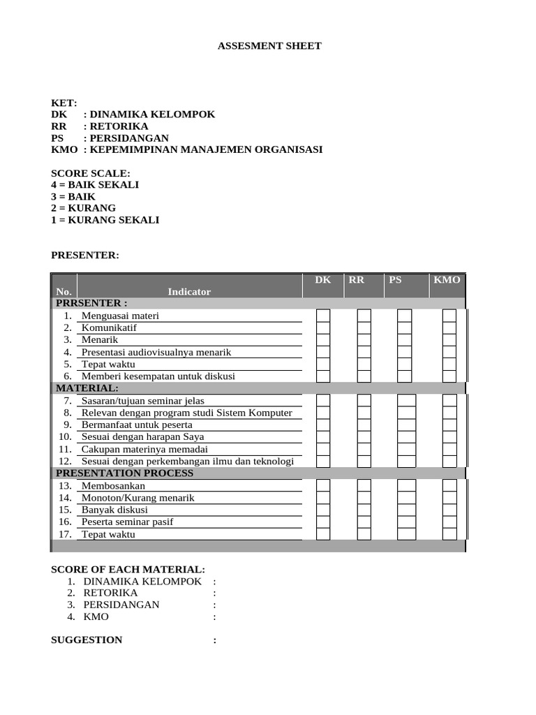 Assesment Sheet of Tot | PDF
