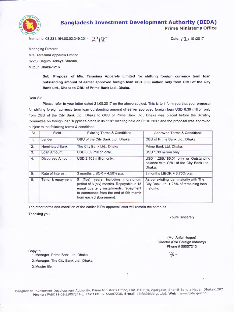 BIDA Approval Letter | PDF | Loans | Private Sector