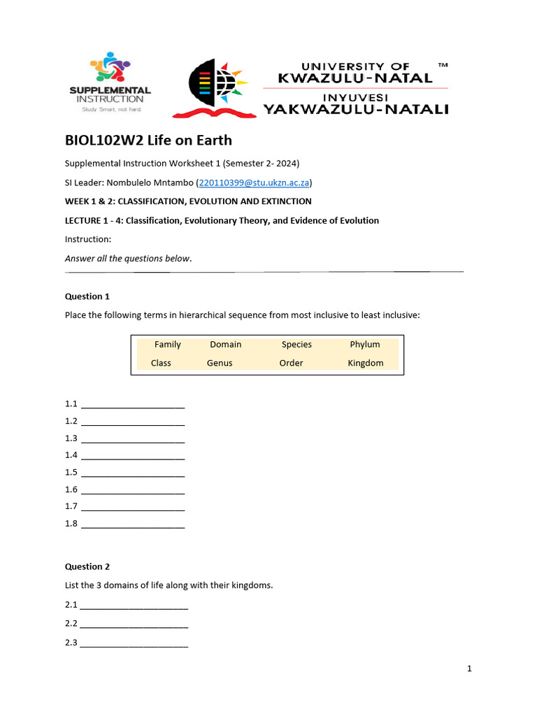 BIOL102W2 - SI - Worksheet 1 - Nombulelo - 2024 | PDF | Fossil | Species