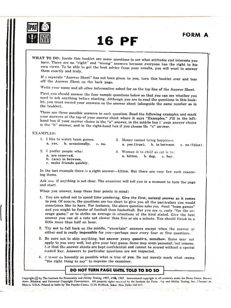 16 PF - Form A + Answer Sheet | PDF