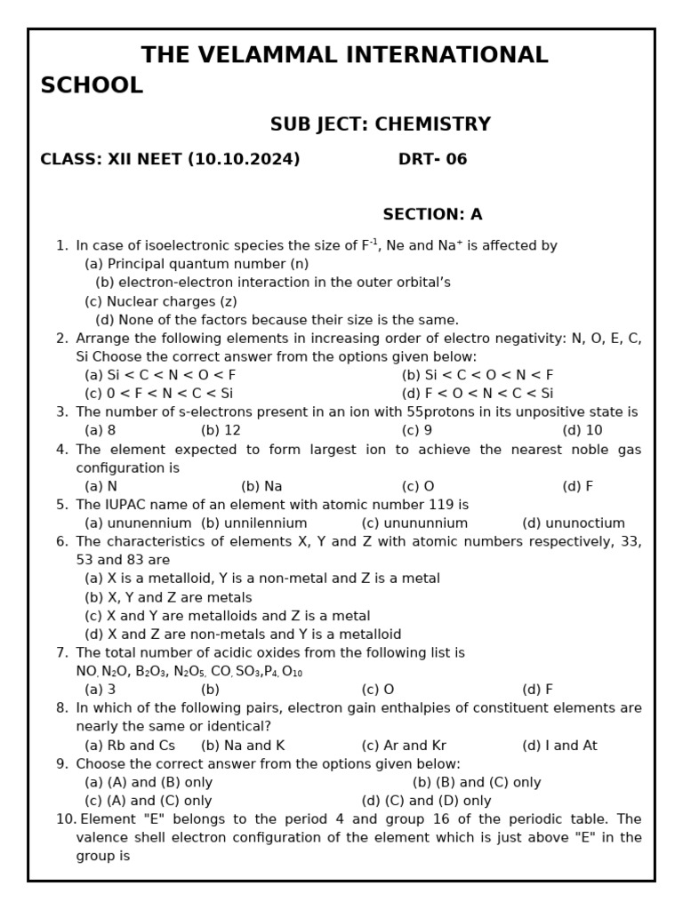 Chemistry DRT 12 10.10.2024 | PDF | Chemical Bond | Chemical Polarity