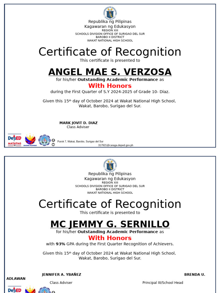 Unified Certificate For Recogition With Matatag | PDF