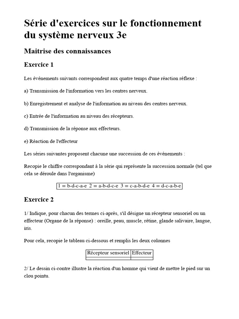 Série D'exercices Sur Le Fonctionnement Du Système Nerveux 3e ...