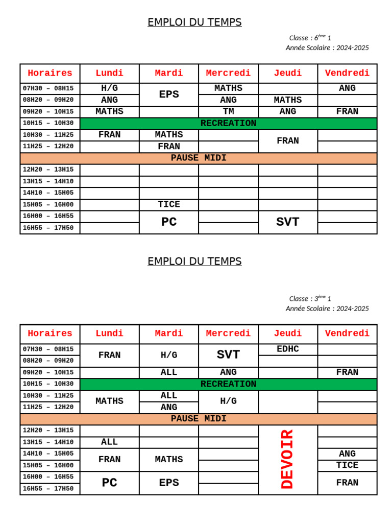 Emploi Du Temps | PDF