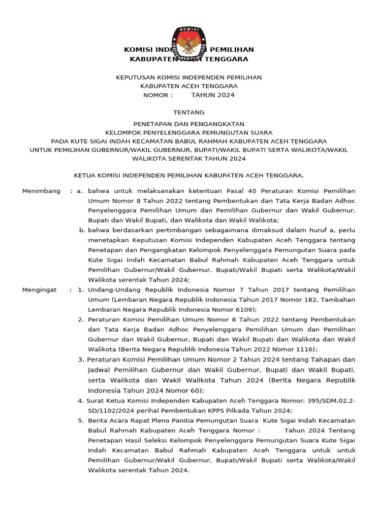Penetapan KPPS Kute Sigai Indah 2024 | PDF