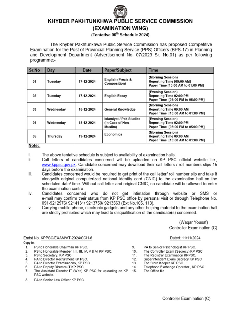 KPPSC Exam Schedule 2024 | PDF