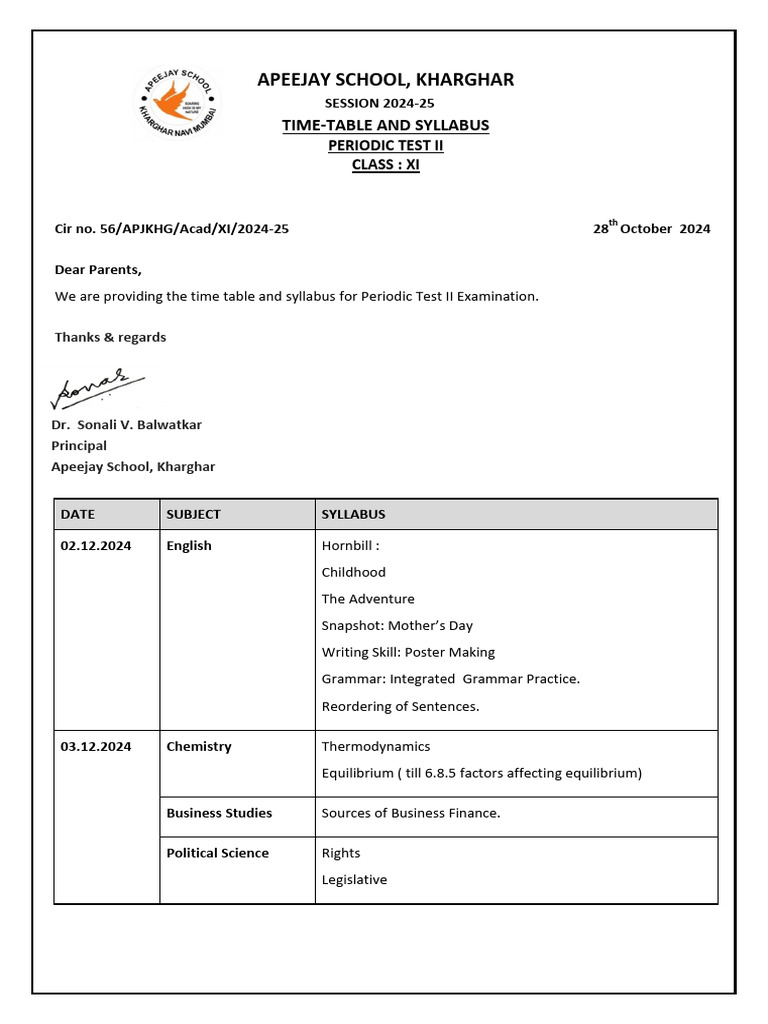 CIR NO 56 Class XI Time Table and Syllabus For Periodic Test II | PDF