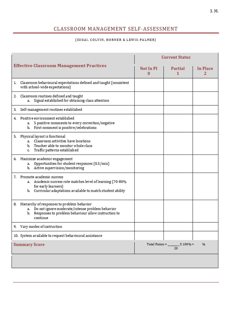 Classroom Management Self-Assessment Guide | PDF | Classroom Management ...