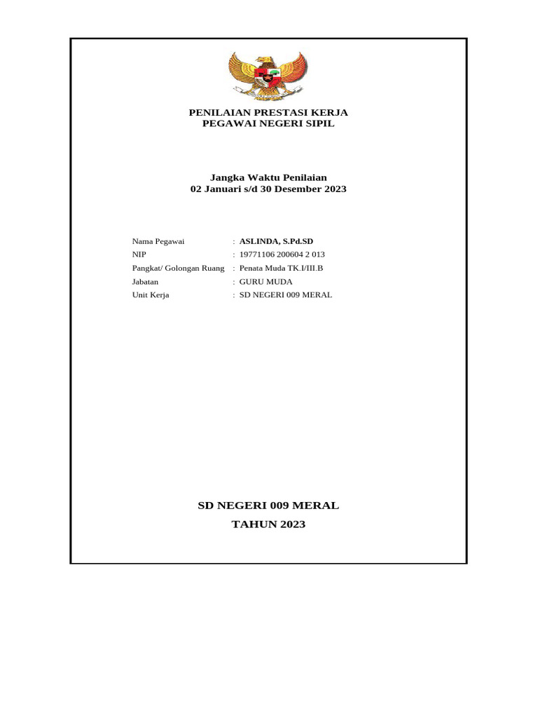 Penilaian Kinerja PNS 2023: ASLINDA, S.Pd.SD | PDF