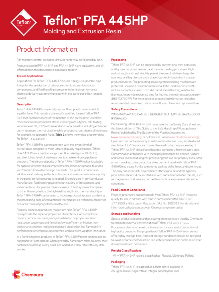 Chemours Teflon PFA 445HP Product TDS | PDF | Extrusion | Thermoplastic