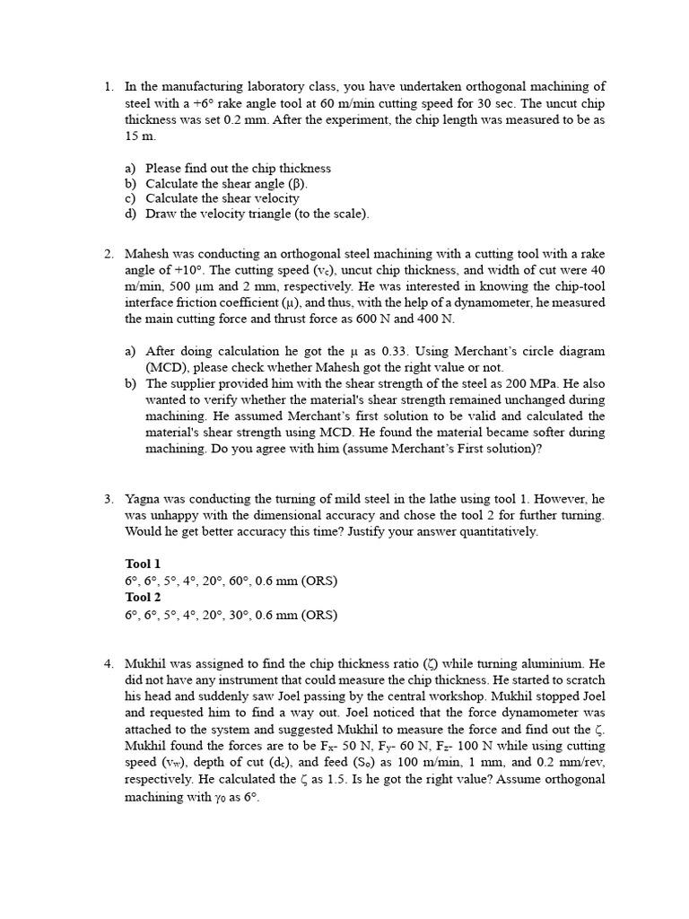 Practice Problems - Manufacturing Science II | PDF | Machining ...