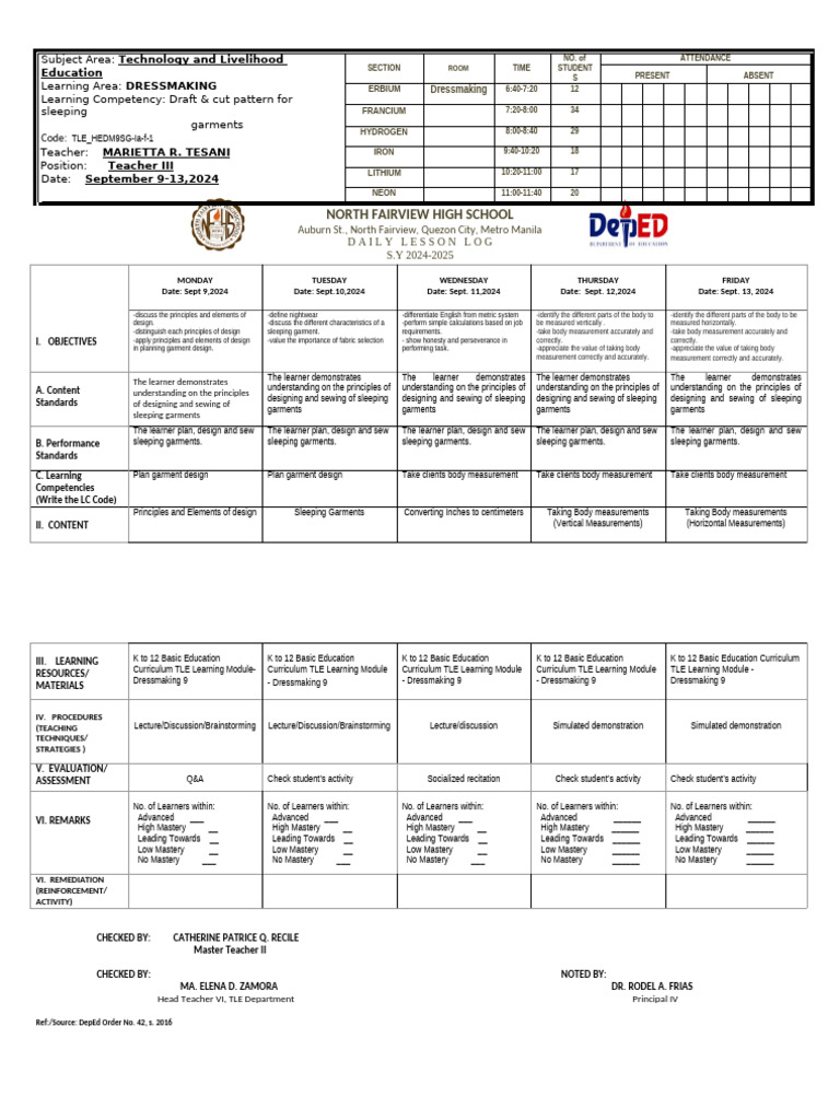 DLL Dressmaking 1 | PDF | Curriculum | Learning
