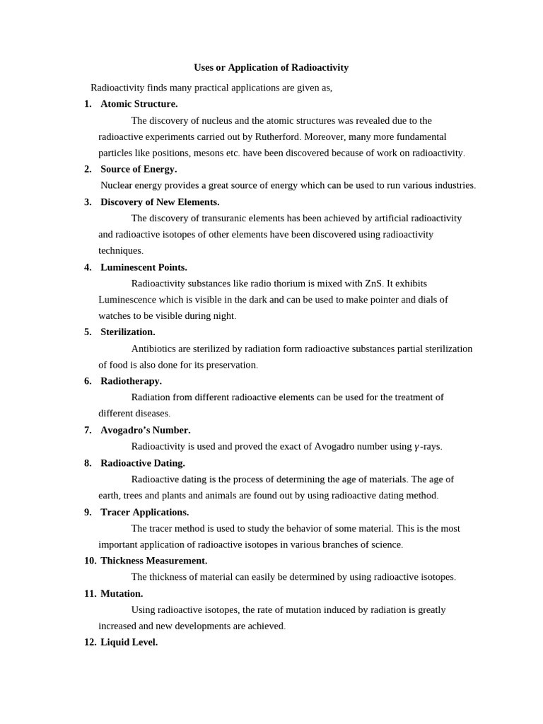 Uses or Application of Radioactivity | PDF | Radioactive Decay | Radiation