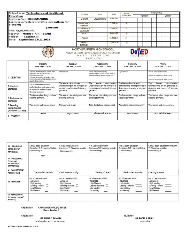 DLL Dressmaking 3 | PDF | Curriculum | Learning