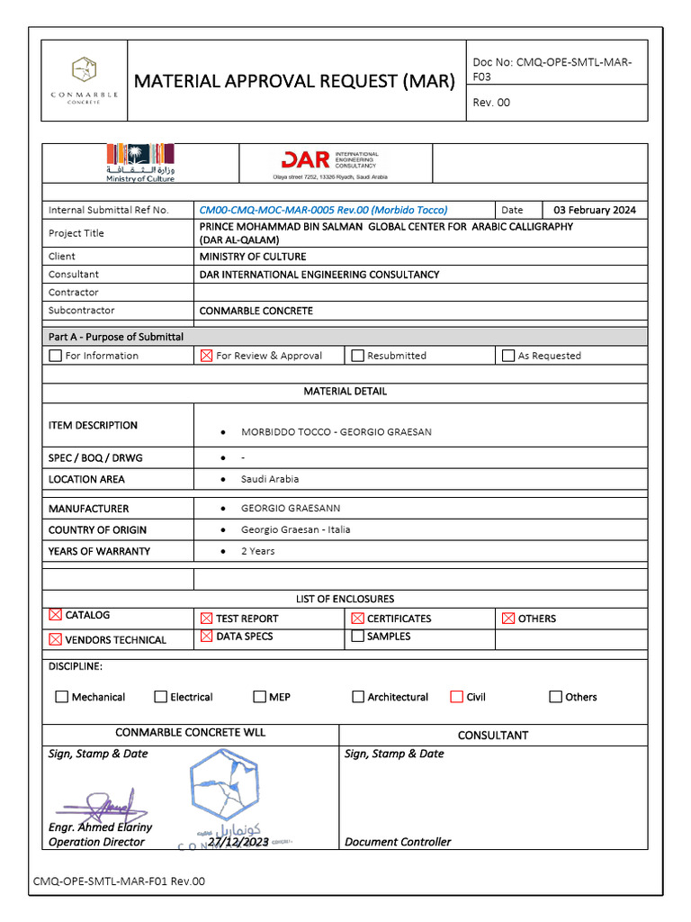 Material Approval Request for Saudi Project | PDF | Concrete | Plaster