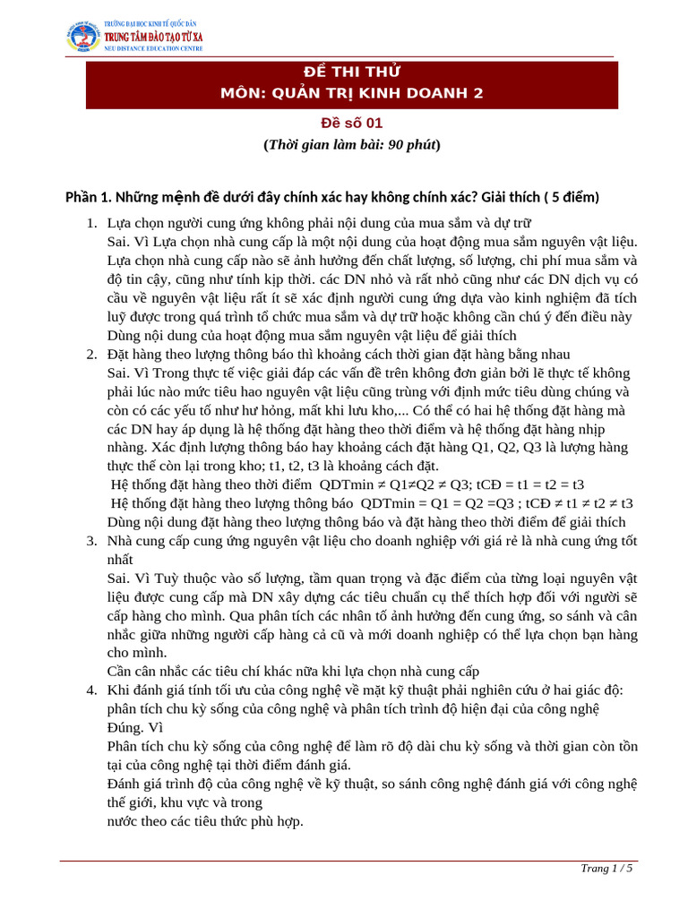 QTKD 2-ĐÁP ÁN LÝ THUYẾT | PDF