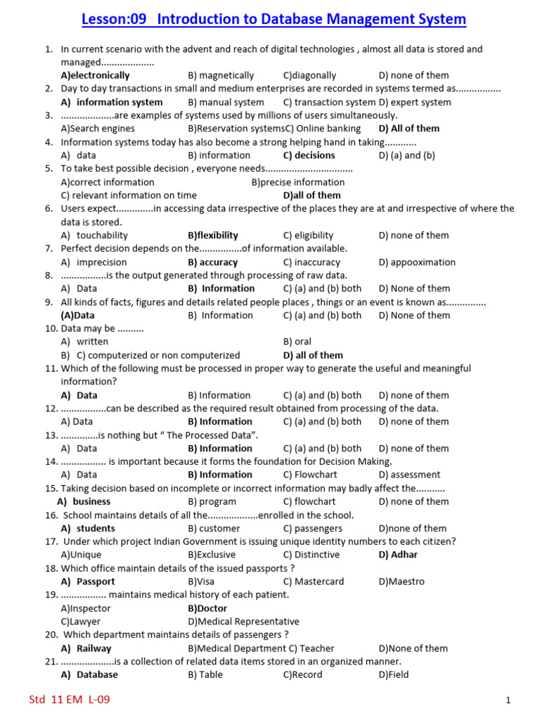 CH 9 11EM MCQ | PDF | Relational Database | Databases