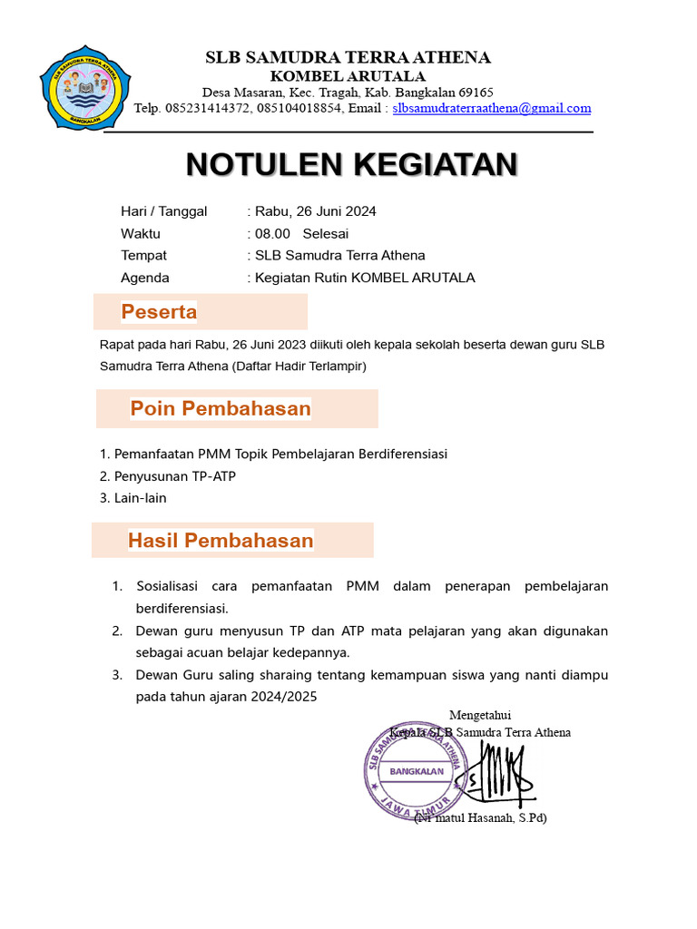 Notulen Kegiatan SLB Samudra Terra | PDF
