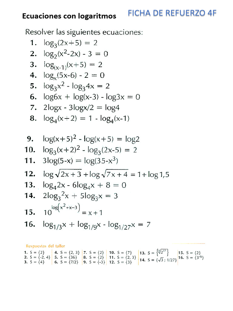 Ecuaciones Con Logaritmos FICHA DE REFUERZO 4F | PDF