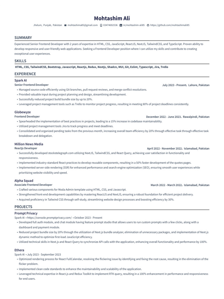 Mohtashim Ali - Frontend Developer - Resume | PDF | World Wide Web | Internet & Web