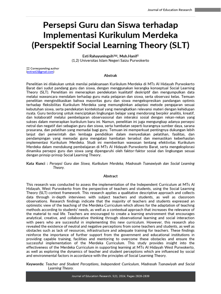 Persepsi Guru Dan Siswa Terhadap Implementasi Kurikulum Merdeka (Perspektif Social Learning ...