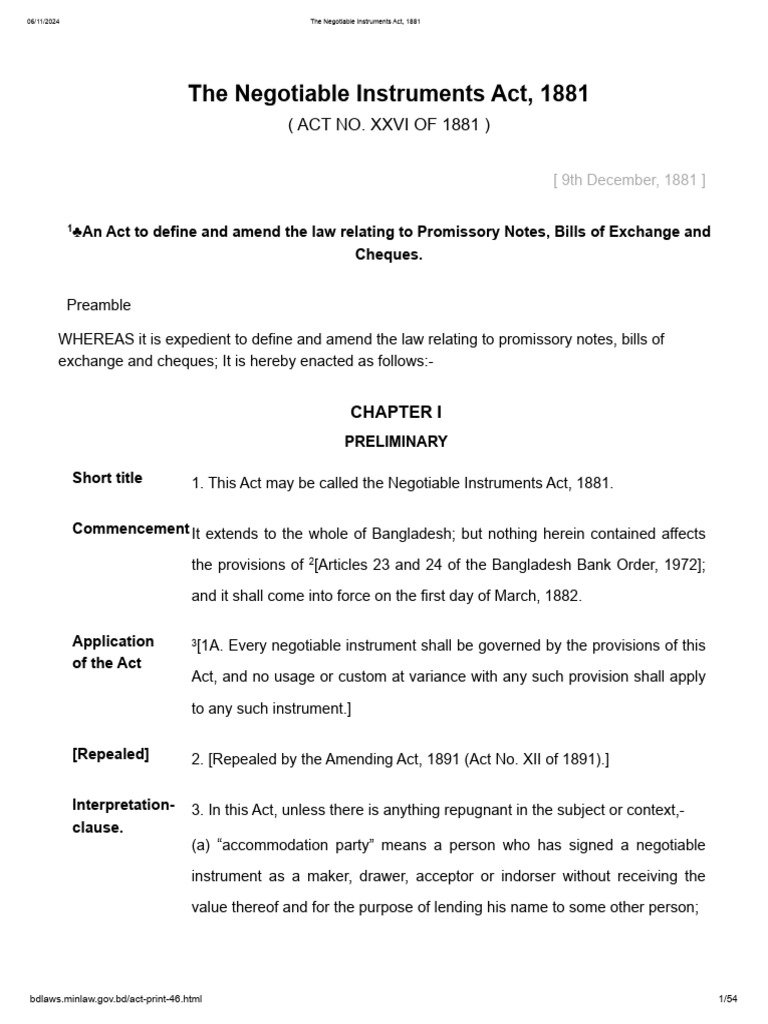 Overview of the Negotiable Instruments Act | PDF | Negotiable ...