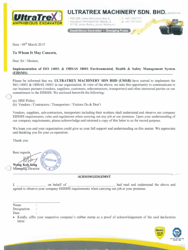Declaration Letter EHS Policy Do Dont's | PDF